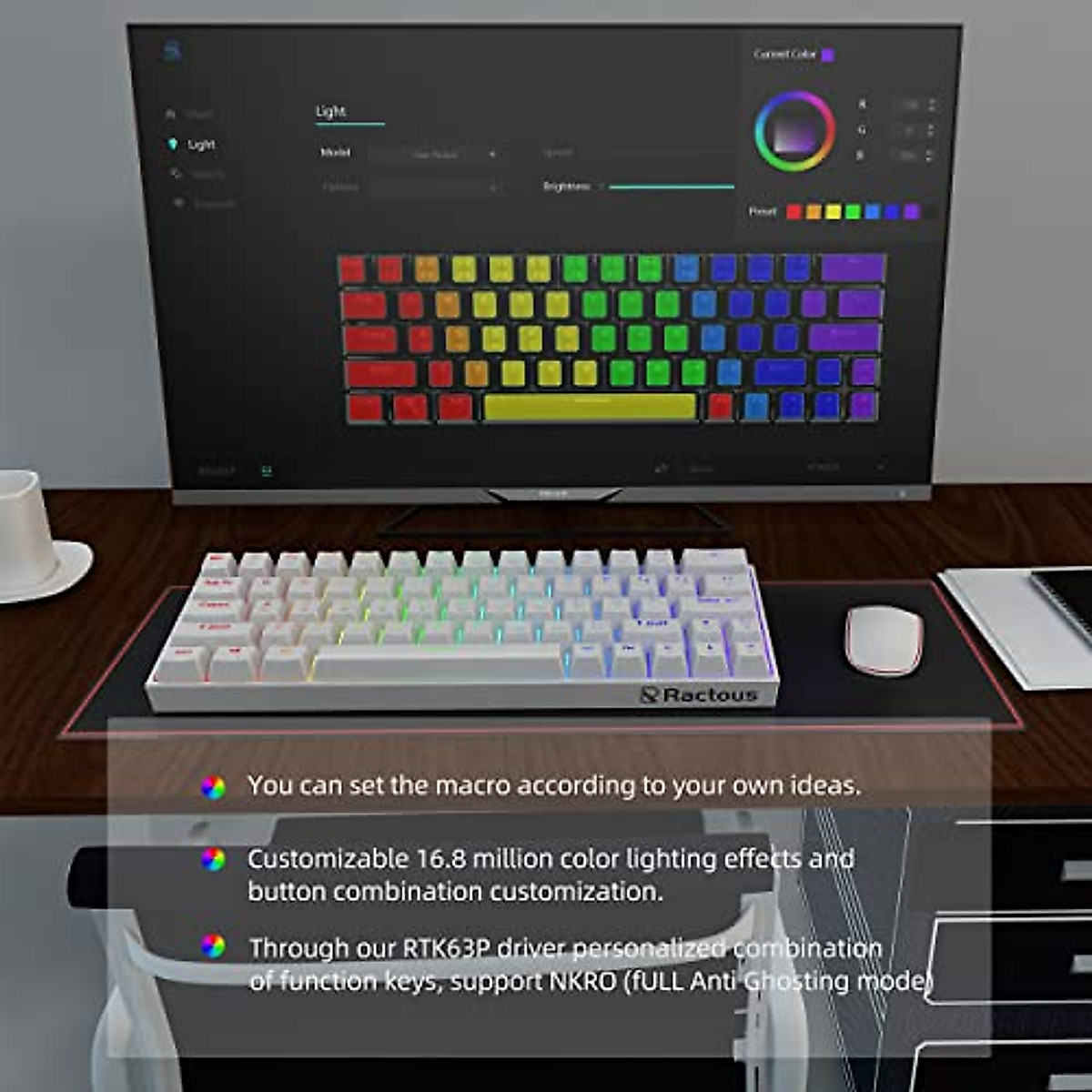 Ractous RTK63P 60% Mechanical Gaming Keyboard RGB Backlit PBT keycaps 63key Ultra-Compact Wired Keyboard Programmable for PC/Mac Gamers,Hot-Swappable Optical Blue Switch (White)
