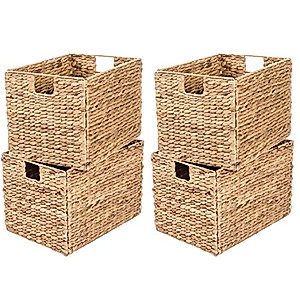 4 Decorative Hand-Woven Small Water Hyacinth Wicker Storage Basket, 16x11x11 Perfect for Shelving Units