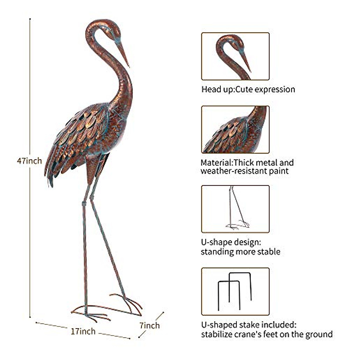 Kircust Garden Statues Patina Heron Decoy, Standing Metal Crane Sculpture for Outdoor Patio Lawn Pond Decoration, 47-Inch Tall (1PC)