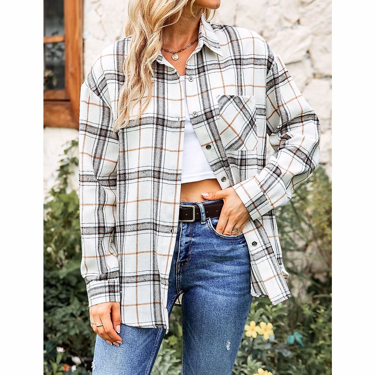 Lumister Oversized Flannel Shirt Women Long Sleeve Plaid Button Down Buffalo Shirt Blouse Tops with One Pocket(0405-White*1-M)