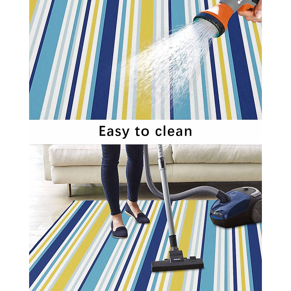 Blue Yellow Striped Outdoor Rug for Patio/Deck/Porch, Non-Slip Large Area Rug 4 x 6 Ft, Farmhouse Navy Blue Ombre Stripes Indoor Outdoor Rugs Washable Area Rugs, Reversible Camping Rug Carpet Runner