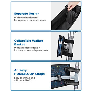 ISSYAUTO Walker Basket, Strap Mount Walker Cup Drink Holder with Two Split Board, Foldable Walker Storage Bag, Best Present for Family and Friends - Navy (Not Fit Rollator Walkers)
