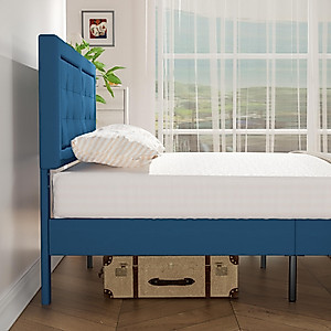 VECELO Queen Size Bed Frame with Adjustable Headboard, Upholstered Button Tufted Platform Bedframe with Wood Slats Support, No Box Spring Needed, Dark Blue