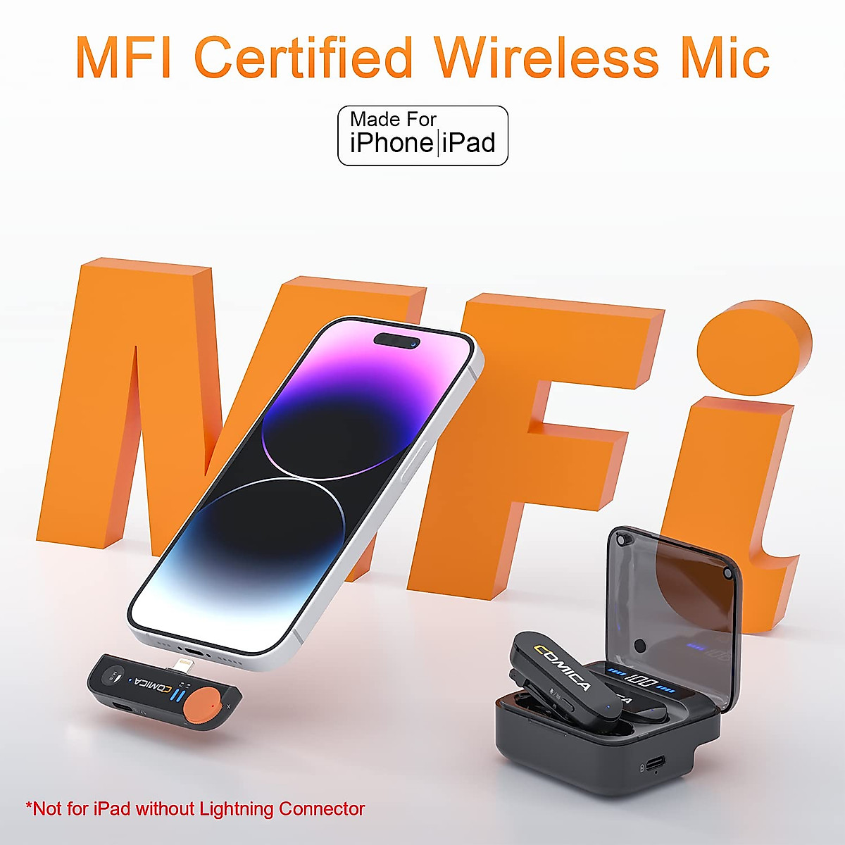 comica Vimo S MI Wireless Lavalier Microphone for iPhone, MFI Certified, Noise Cancelling, 15HR Battery, 656' Transmission, Dual Wireless Lapel Mic for iPhone Video Recording Vlogs Live Stream