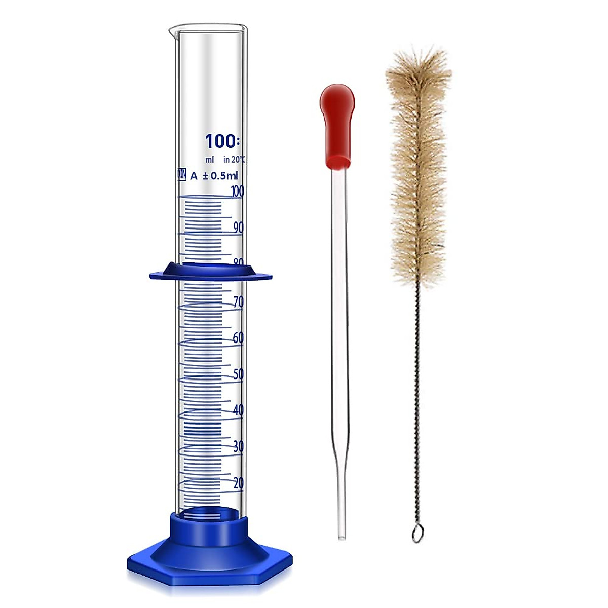 Thick Glass Graduated Cylinder Measuring Liquid Lab Cylinders with Anti-Falling Plastic Base and Bumper Guards and Cylinder Brush (Glass, 100ML)