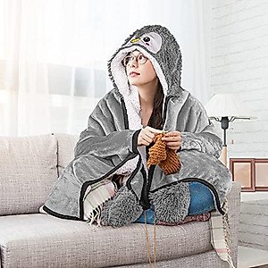 Penguin Wearable Hooded Blanket for Adults – Super Soft Warm Cozy Plush Flannel Fleece & Sherpa Hoodie Throw Cloak Wrap - Penguin Gifts for Women Adults Girls and Kids