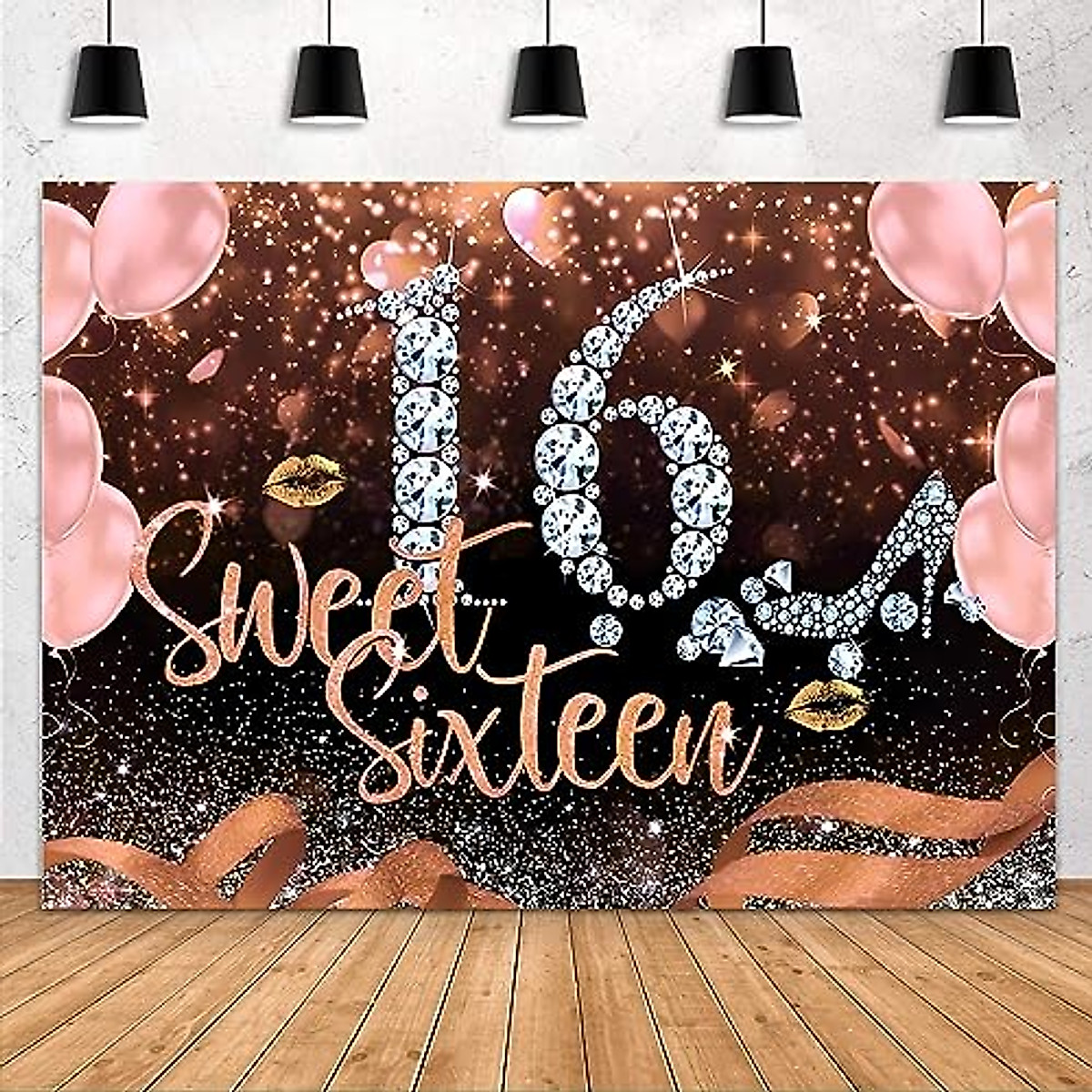 Happy Sweet 16th Birthday Backdrop Balloons High Heel Diamond Banner Backdrop Decorations for Girls Rose Gold Bokeh Sweet 16 Party Supplies Sweet Sixteen Birthday Background Photo Booth Props