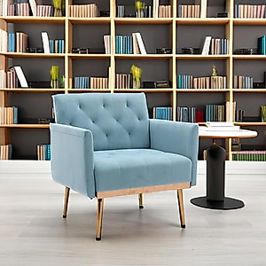 Olela Accent Chair with Arms for Living Room, Modern Tufted Single Sofa Armchair with Gold Metal Legs Upholstered Reading Chair for Bedroom Office Decorative (Velvet-Smooth Backrest, Blue)