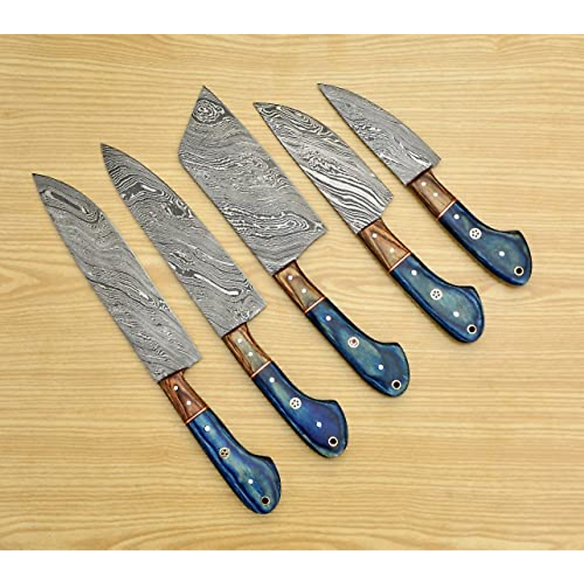 Handmade 5 Pieces Set, Knife Hand Forged Chef Knives Kitchen Set Damascus Steel Knives Gift Item for Her,Fine Tool Professional Chef Knives Set Vegetable Meat Cooking Knife with BLUE Solid Wood Handle