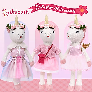 Unicorn Doll Stuffed Animal Toys for Girls - Ballerina Doll | Plush Carrier Bag | 3 Set Cloth Accessories, Kids Pretend Play Pet Care, Birthday Gift for 3 4 5 6 Year Old Little Girl Unicorn Toys