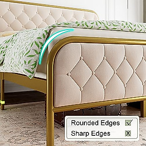 Feonase Queen Size Bed Frame, Upholstered Bed Frame with Diamond Tufted Headboard, Heavy Duty Metal Slats, 12" Storage Space, No Box Spring Needed, Easy Assembly, Gold
