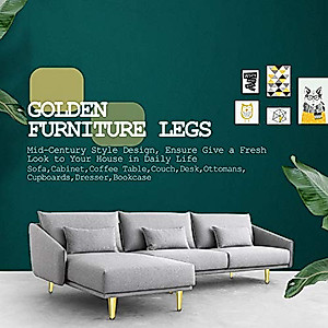Seimneire 4pcs 4 Inch Furniture Legs, Straight Conical Metal Legs Luxury Gold Mid-Century Style Furniture Feet for Sofa Cabinet Table Chair Cupboard Couch Ottoman Home DIY Projects