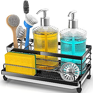 Cisily Sponge Holder for Kitchen, Sink Caddy Organizer, Kitchen Sink Accessories with Drip Tray, Rustproof and Non-slip Kitchen Sink Sponge Holder, Kitchen Essentials for New Home（Matte Black