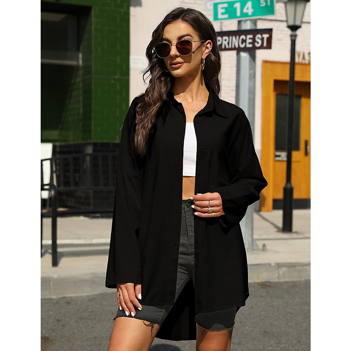 Bianstore Women's Oversized Linen Shirts Blouses Tops Long Sleeve High Low Button Up Shirts (Black-M)