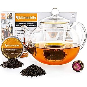 Kitchen Kite Clear Glass Teapot with Removable Glass Infuser and Lid - Glass Tea Kettle with Blooming, Loose Leaf Tea, Stovetop, Microwave & Dishwasher Safe, Tea Maker Gift Set (Holds 4-6 cups)