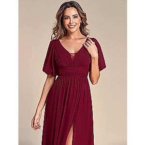 Ever-Pretty Women's Short Sleeves V-Neck Pleated Fall Long Formal Gown Evening Dresses Burgundy US12