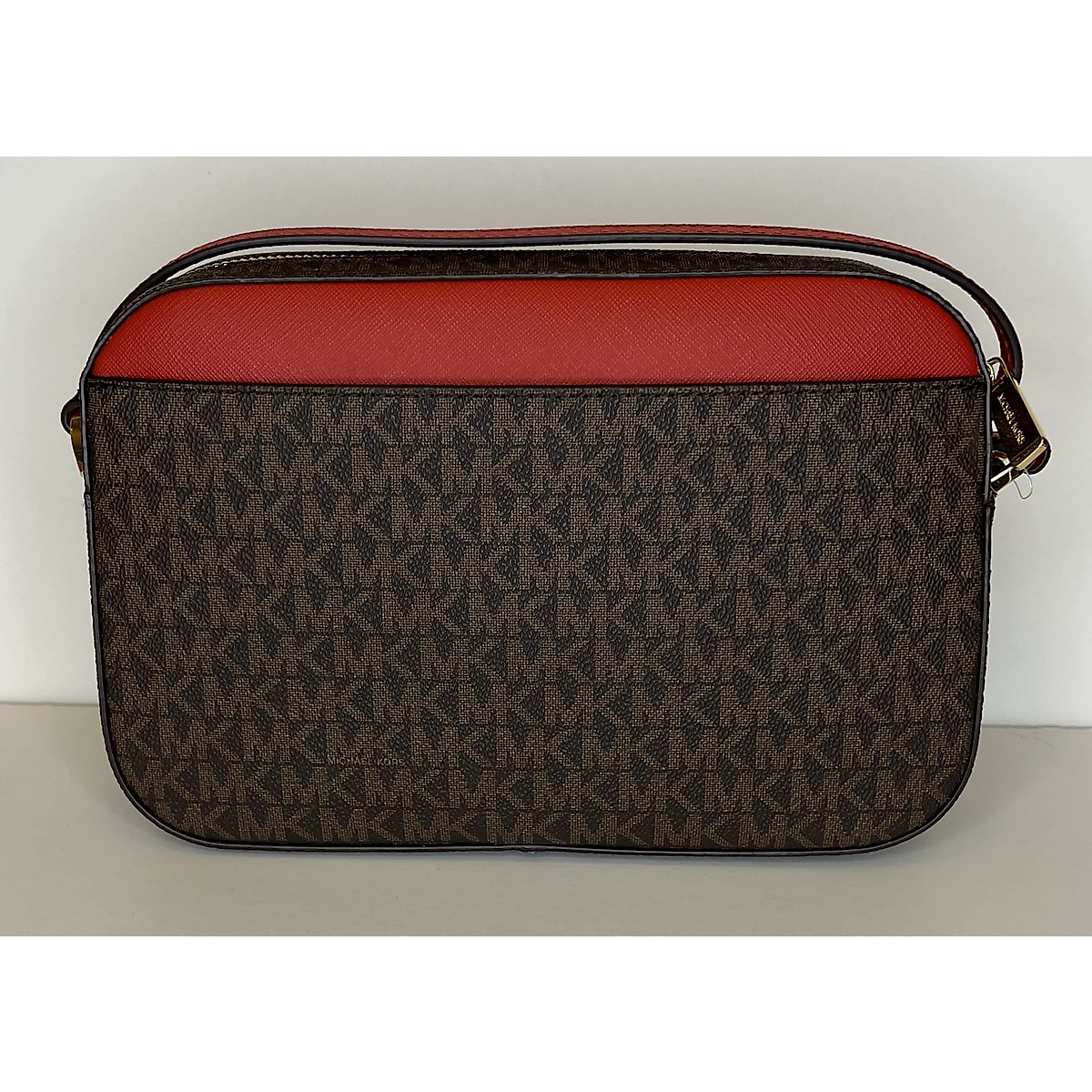 Michael Kors Jet Set Large Chain Crossbody Bag bundled with with SM TZ Coinpouch Wallet and Purse Hook (Signature MK Brown/Flame)