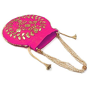 Ekavya Potli Bag Jewelry Coin Pouch Potli Bag Gota Patti Work Potli Bag Batwa Pearls Handle Purse Clutch Purse for Women (Hot Pink)