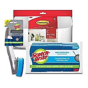 Scotch-Brite Non-Scratch Scrub Sponges (9 Pack) + Non-Scratch Advanced Soap Control Dishwand + Command Large Organizing Caddy