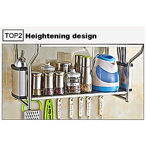 INTBUYING 2 Layer Microwave Oven Wall Mount Shelf Stainless Steel Kitchen Storage Organization with Removable Hooks