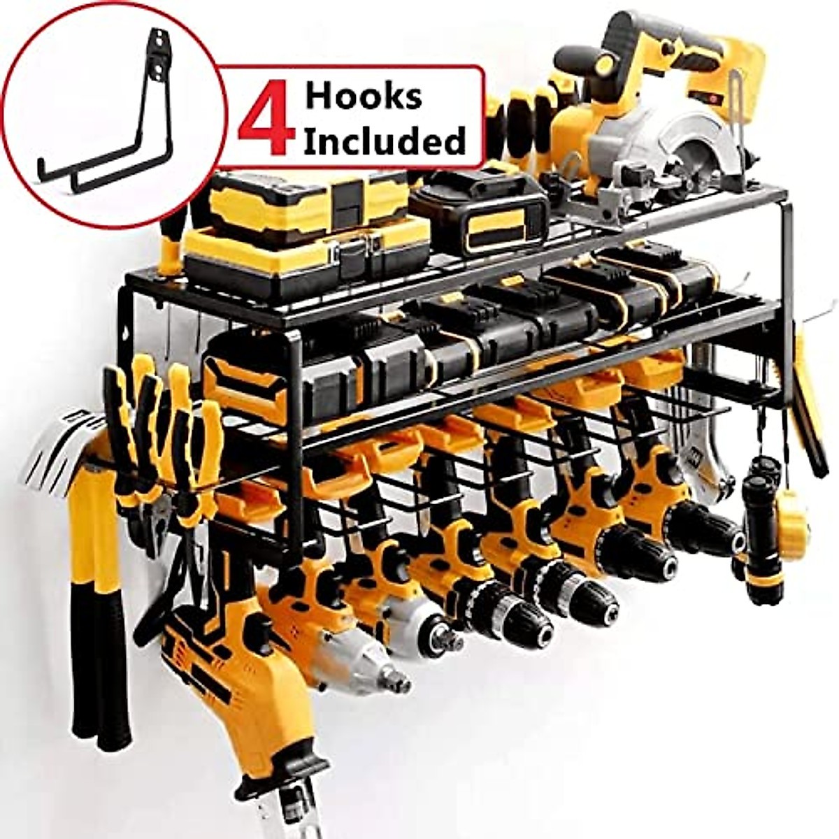 Power Tool Organizer Wall Mount System - 7 Slot Carbon Steel Rack Holds Up to 170 Pounds - Accessory Shelves and 4 Hooks Included - Heavy Duty Utility Racks, Black
