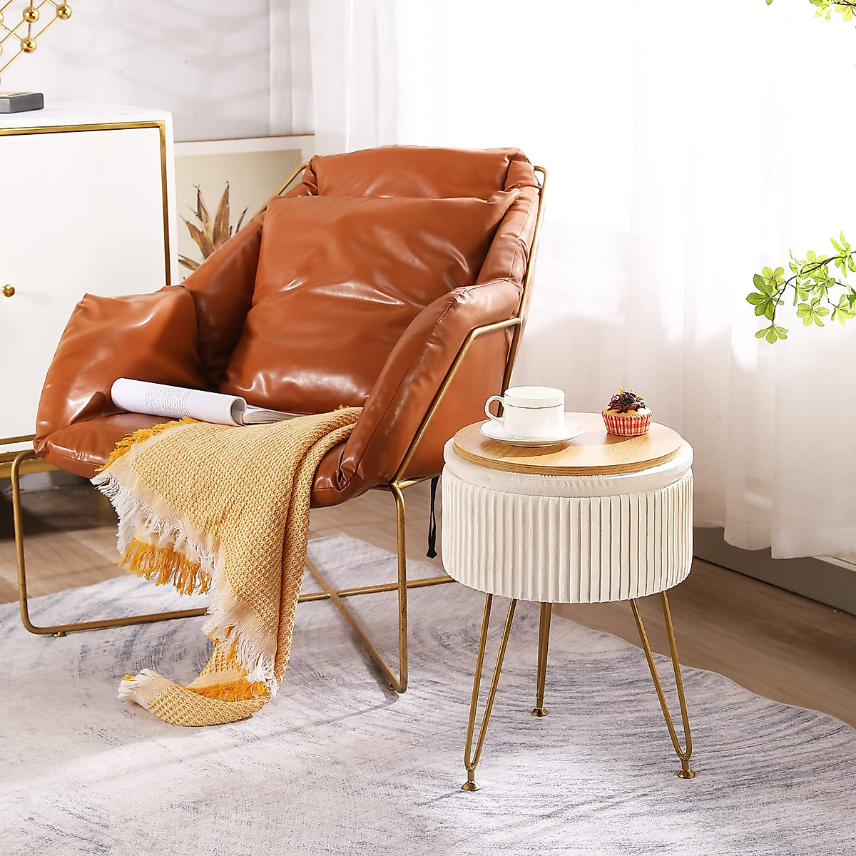 CUYOCA Round Storage Ottoman with Tray, Vanity Stool with Storage for Living Room Makeup Room, Coffee Table Foot Rest Stool for Vanity, Velvet White