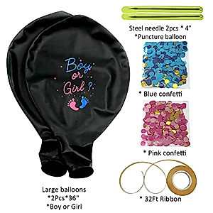 Jumbo Gender Reveal Confetti Balloons 2pcs 36" Black Boy or Girl Balloon Come with Blue Pink Confetti for Baby Gender Reveal Party Idea