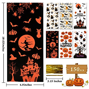 150 Pcs Halloween Cellophane Treat Bags for Kids with Twist Ties, 6 Styles Clear Candy Cookie Bags for Trick or Treat, Goodie bags for Halloween Party Favors Supplies