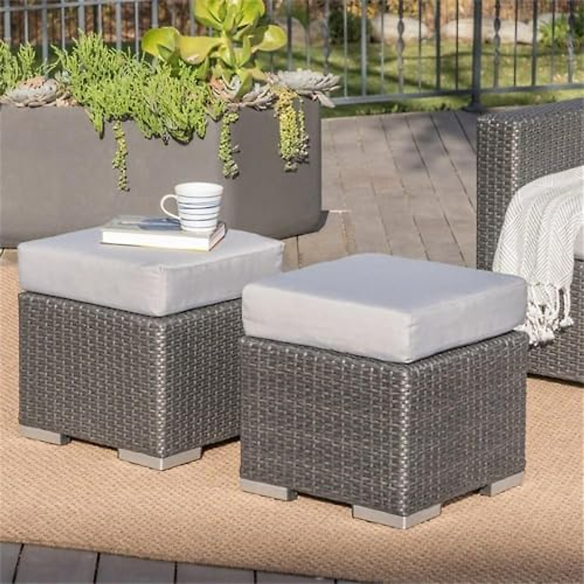 GDFStudio Outdoor 16 Inch Grey Wicker Ottoman Seat with Silver Water Resistant Cushion (Set of 2)