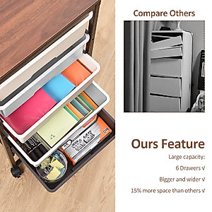 TOOLF Rolling Storage Cart with 6 Drawers, Wooden Tabletop, Easy Movement, Large Capacity, Durable Construction & Colorful Style in Black Bar