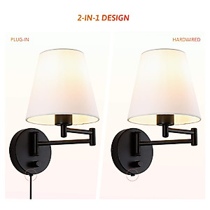 VONLUCE Modern Swing Arm Wall Mount Light Plug in, Corded Wall Lamps with White Fabric Shade, Black Metal Adjustable Wall Sconce, Wall Mount Lamp for Bedroom, Living Room, Bedside
