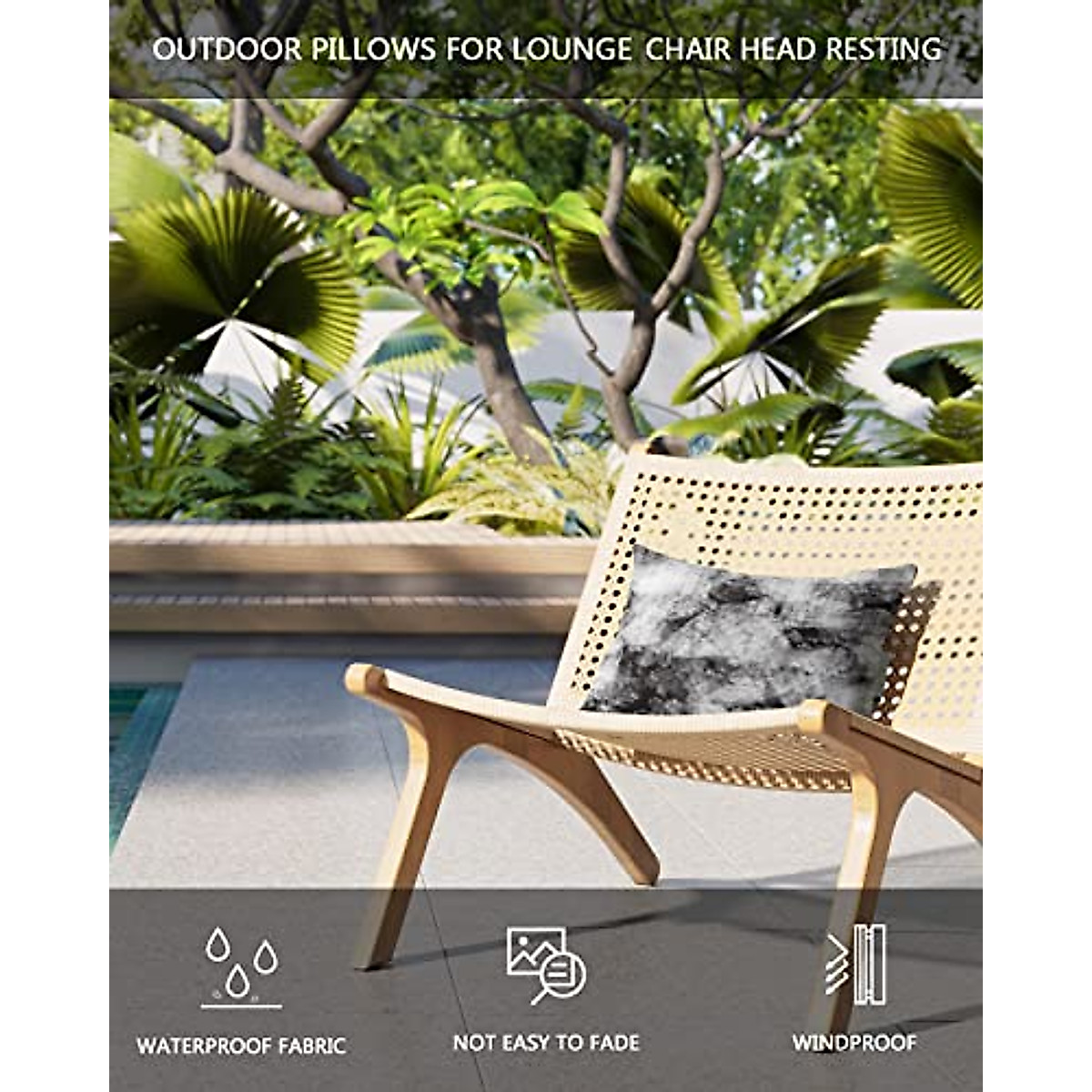 Recliner Head Pillow Ledge Loungers Chair Pillows with Insert Abstract Retro Black Grey Lumbar Pillow with Adjustable Strap Outdoor Waterproof Patio Pillows for Couch Beach Pool Office Chair, 2 PCS