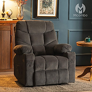 MCombo Manual Glider Rocker Recliner Chair with Cup Holders for Nursery, USB Ports, 2 Side & Front Pockets, Plush Fabric 8002 (Grey Fabric)