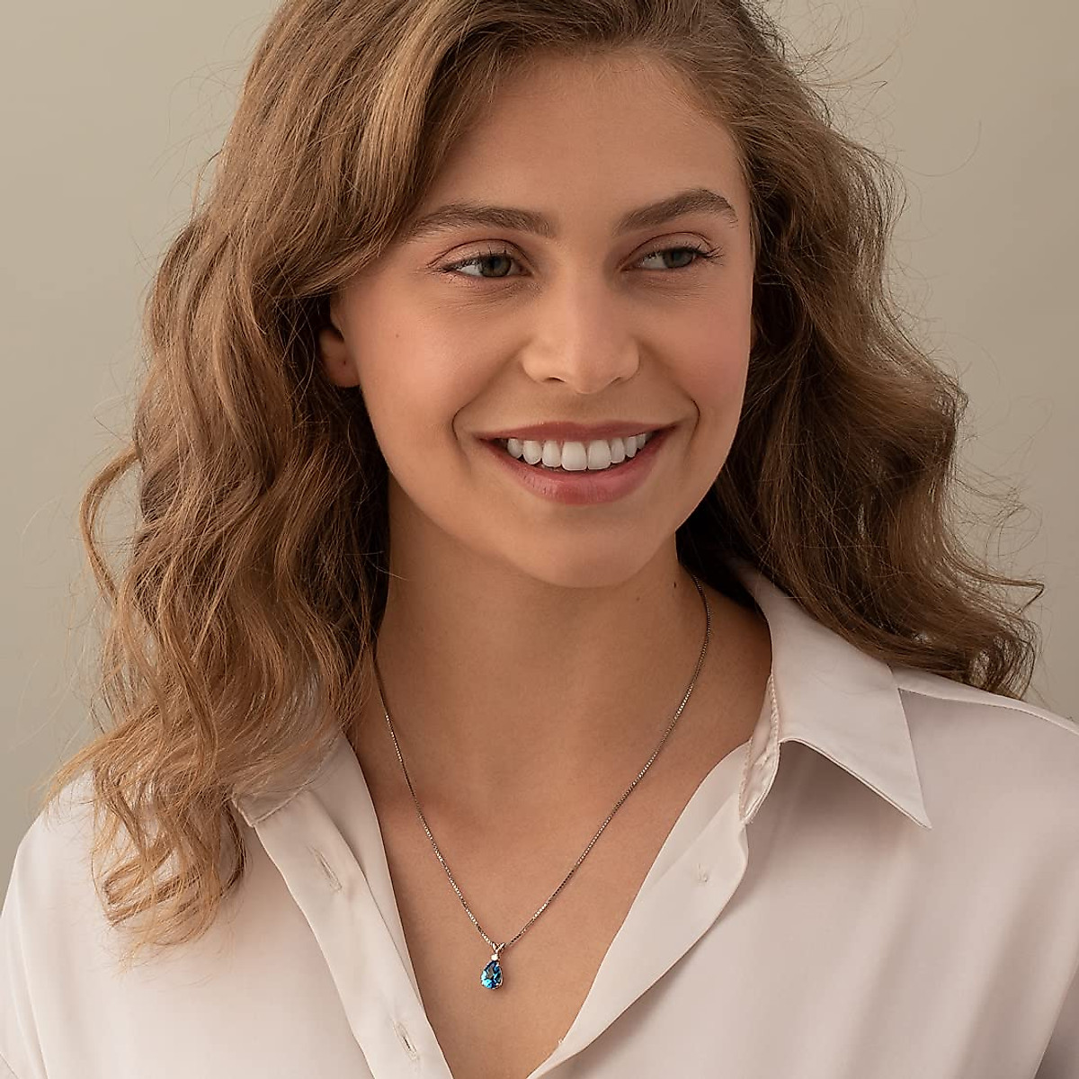 PEORA 14K White Gold Swiss Blue Topaz with Diamond Pendant for Women, Natural Gemstone Birthstone Teardrop Solitaire, 2.30 Carats total Pear Shape 10x7mm