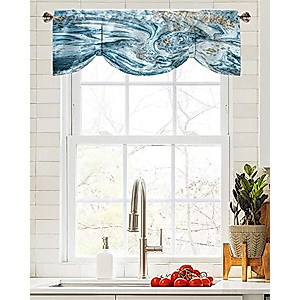 Segard Tie Up Valance for Windows,Marble Liquid Abstract Art Kitchen Valances Adjustable Rod Pocket Window Shade Valance,Blue White Gold Gradient Short Curtains Window Treatment for Bedroom 60x18in