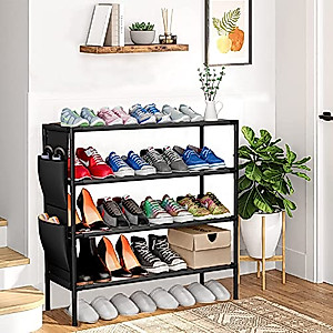 SORCEDAS Shoe Rack Storage Organizer 4 Tier Black Metal Stackable Shelf with Side Pocket for Closet Entryway Floor Hallway (4 Tier, Black)