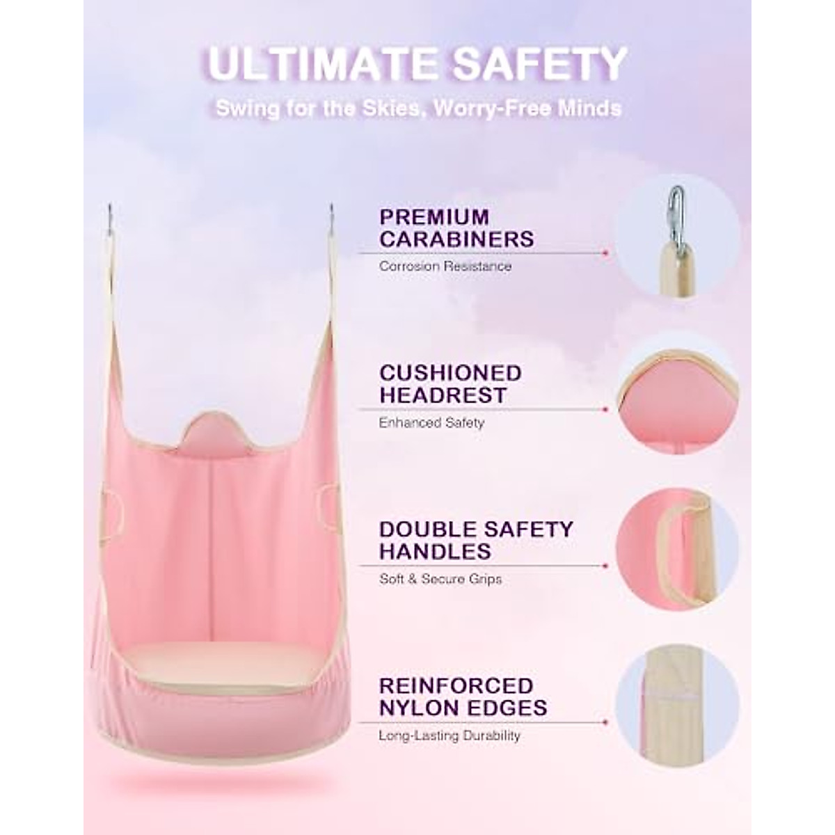 CO-Z Upgraded Kids Pod Swing, Hanging Pod Swing Chair with Inflatable Cushion, Child Hanging Hammock Swing for Indoor and Outdoor, Sensory Pod Swing for Kids (Two Straps, Pink)