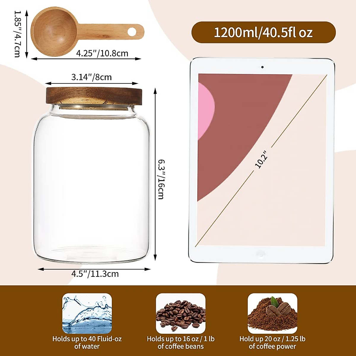 Glass Coffee Storage Jar with Lids Spoon Thicken Glass Coffee Canister 40 Oz (1200 mL) Borosilicate Glass Food Containers for Ground Coffee Beans Nut Pasta Sugar Candy Spice Rice Loose Tea