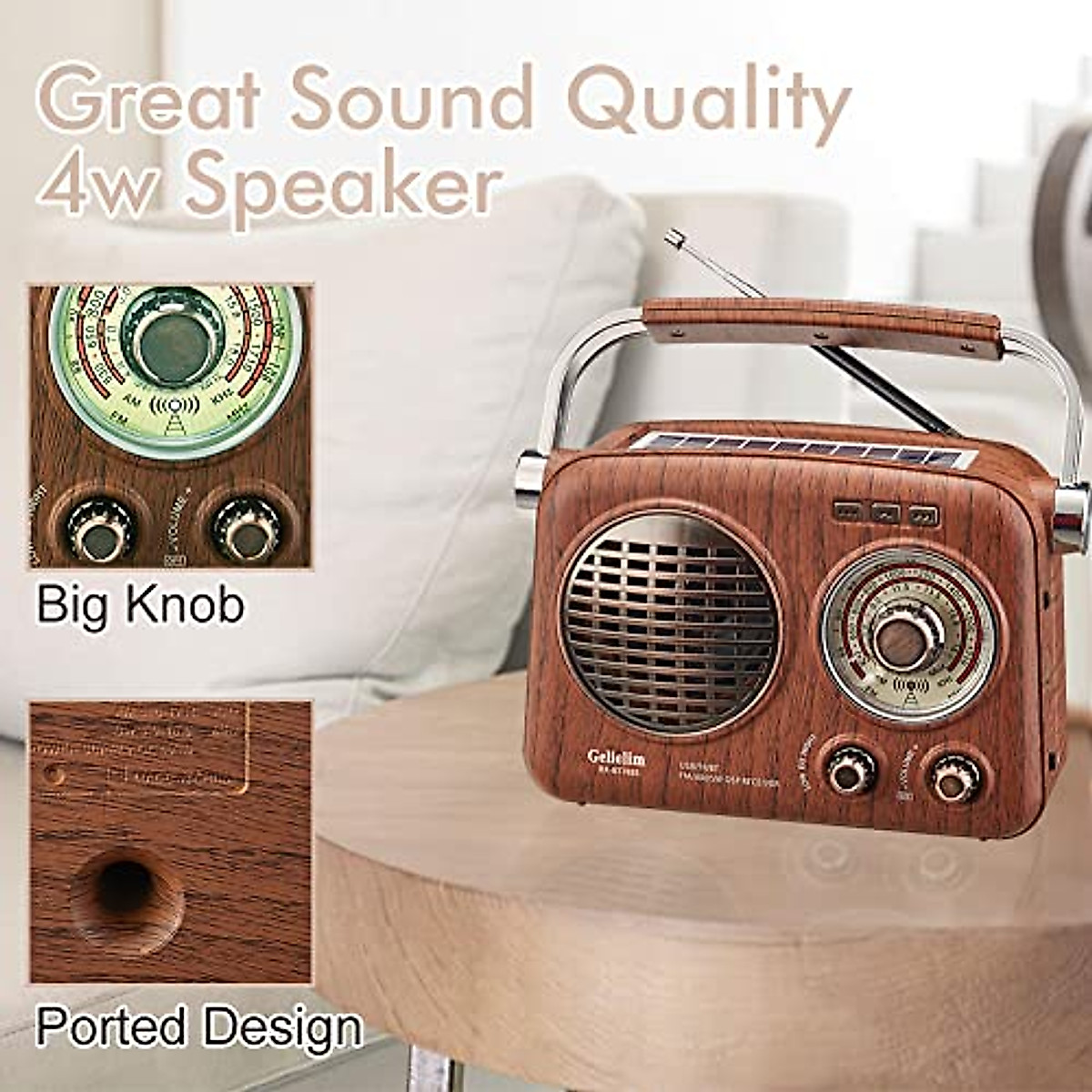 Gelielim Retro Radio Bluetooth Speaker with Clear Sound, Portable Radio AM FM Shortwave Radio with Best Reception, Solar/Rechargeable Transistor Radio, Support TF Card/USB Playing for Gift,Elder,Home