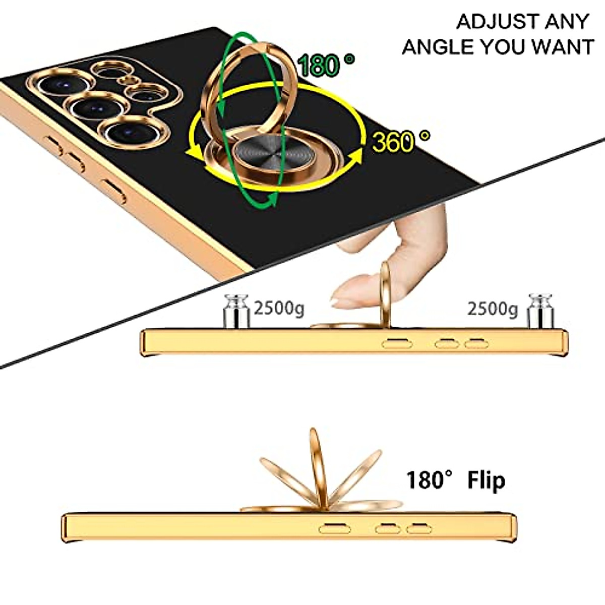 BENTOBEN Compatible with Samsung S23 Ultra Case with 360° Ring Holder, Shockproof Slim Kickstand Magnetic Support Car Mount Women Men Protective Phone Case for Samsung Galaxy S23 Ultra, Black/Gold