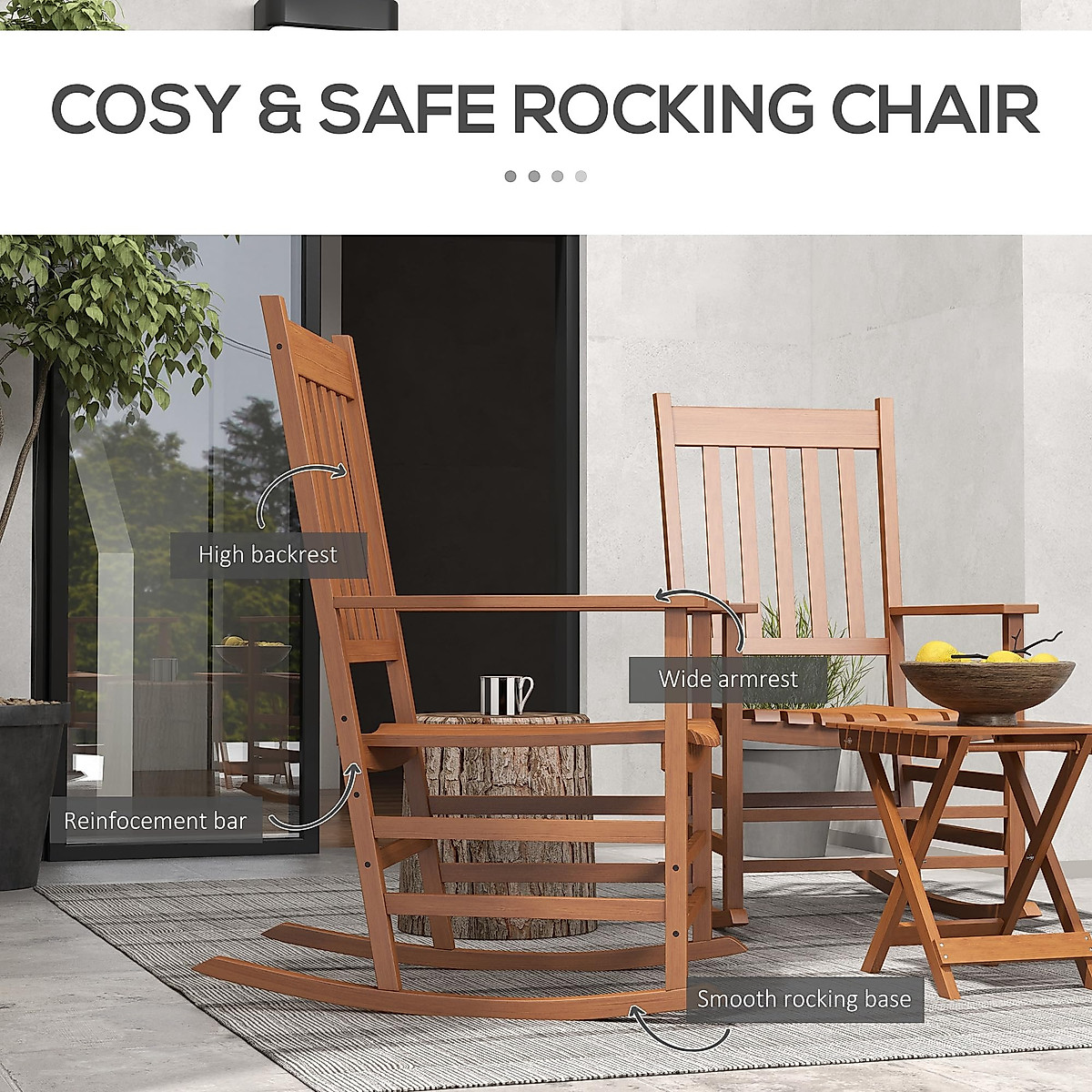 Outsunny Wooden Rocking Chair Set w/Foldable Side Table, Outdoor Rocker Chairs with Curved Armrests, High Back & Slatted Seat for Garden, Balcony, Porch, Supports Up to 352 lbs., Teak