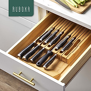 High-Grade 100% Bamboo Knife Drawer Organizer - 12 Knife Slots Plus a Sharpener Slot, Knife Organizer for Kitchen Organization, Durable, Secured, Practical, Eco-Friendly, Knife Block without Knives.