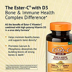 American Health EsterC with D3 Bone Immune Complex Vegetarian Tablets 24Hour Immune Support 1000 mg EsterC 5000 IU Vitamin D3 NonAcidic Vitamin C Servings, 60 Count