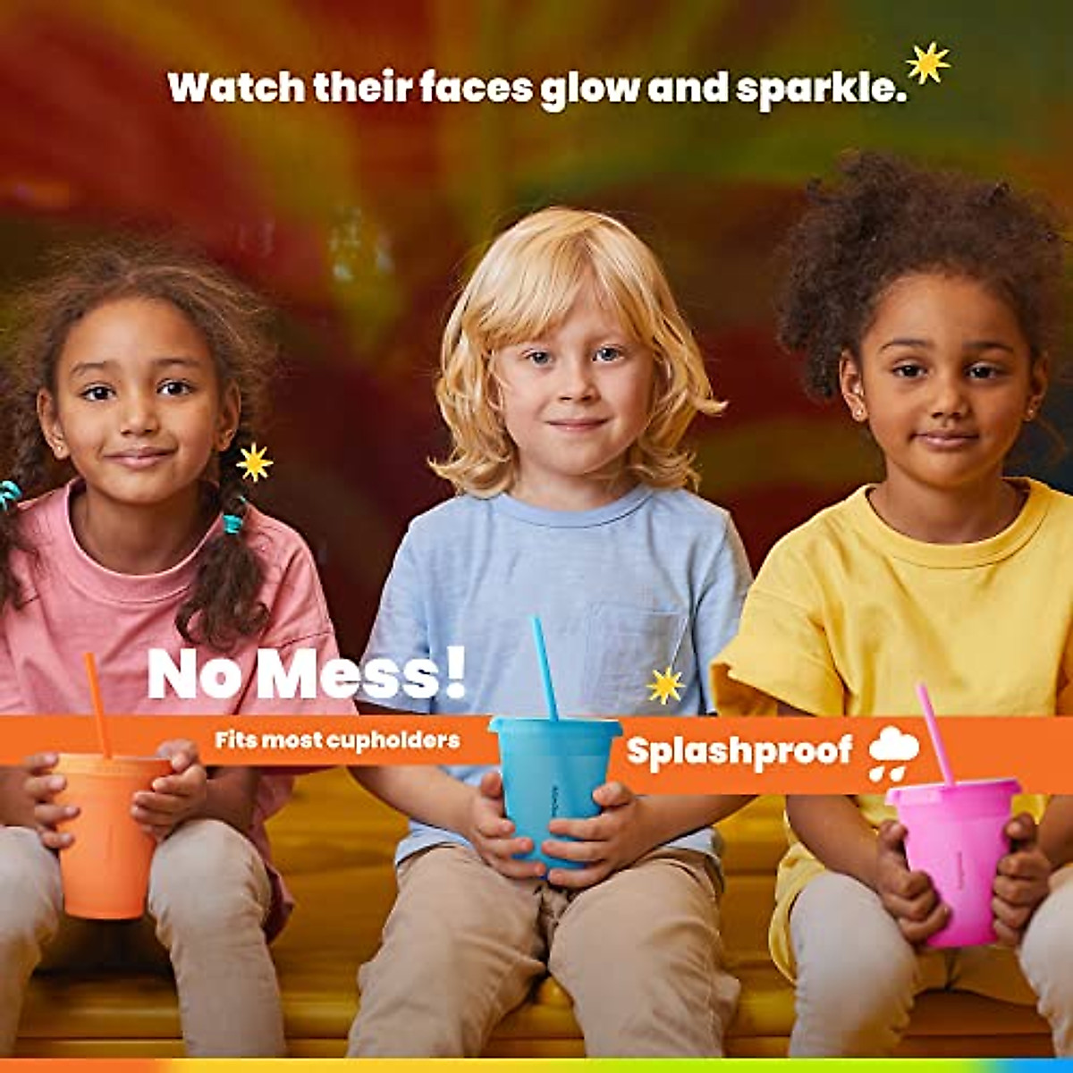 Kids Tumblers with Lids and Straws - 5 Reusable Cups with Lids and Straws, 16oz Glitter Tumbler Cute Cups for Kids in Rainbow Colors, Reusable Plastic Tumblers Cups with Lids and Straws for Smoothie