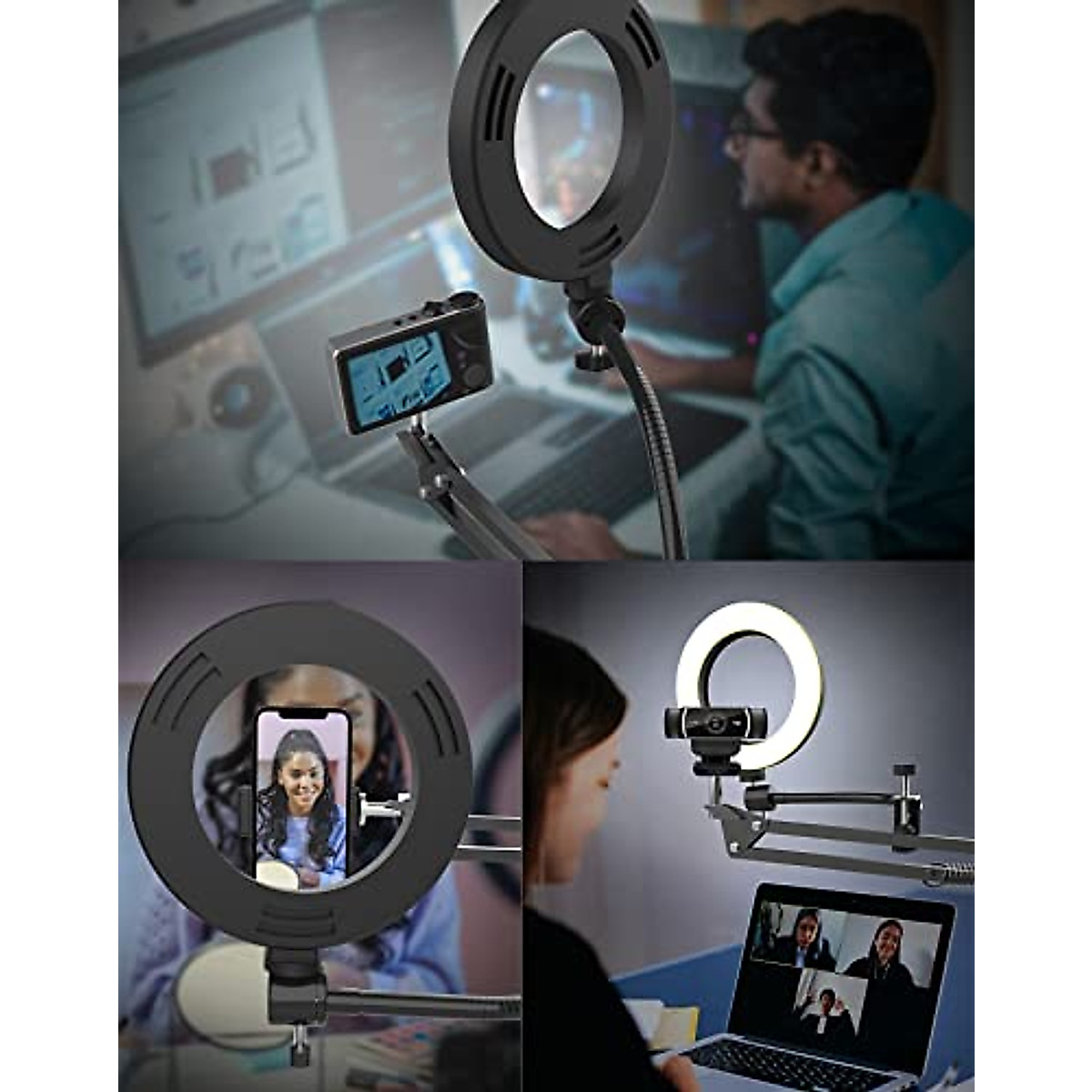 Overhead Camera Mount with Ring Light, Flexible Articulating Phone Arm Stand Compatible with iPhone, Logitech Webcam, Desk Tripod for YouTube Live Stream Cooking Nail Video Recording