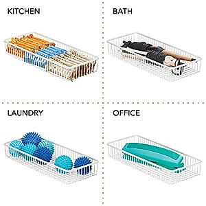 mDesign Metal Farmhouse Kitchen Cabinet Drawer Organizer Basket Tray, Shallow Storage Bin for Cutlery, Serving Spoons, Cooking Utensils, Appliances, Gadgets, Unity Collection, 15" Long, 2 Pack, White