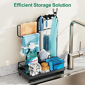 GSlife Sink Caddy Kitchen Sink Organizer - Large Sponge Holder for Kitchen Countertop with Hooks for Dish Brush Gloves, Dish Cloth Hanger, Rustproof Kitchen Caddy with Drip Tray, Black