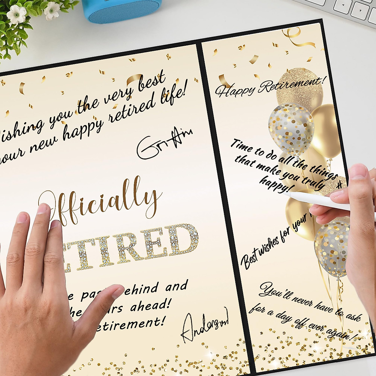 DARUNAXY Black Gold Retirement Party Decorations, Officially Retired Alternative Signature Guest Book for Men Women Happy Retirement Gifts Signing Card Board for Retirement Farewell Party Supplies