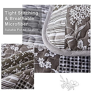 Mybedsoul Grey Boho Quilt Set Queen Size,3 Pieces Plaid Floral Bedspread Coverlet Set for All Season,Patchwork Reversible Bedding Set Queen 90"x96"