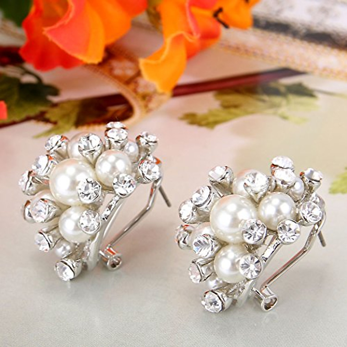 EVER FAITH Austrian Crystal White Simulated Pearl Bridal Cluster Pierced Stud Earrings Clear Silver-Tone